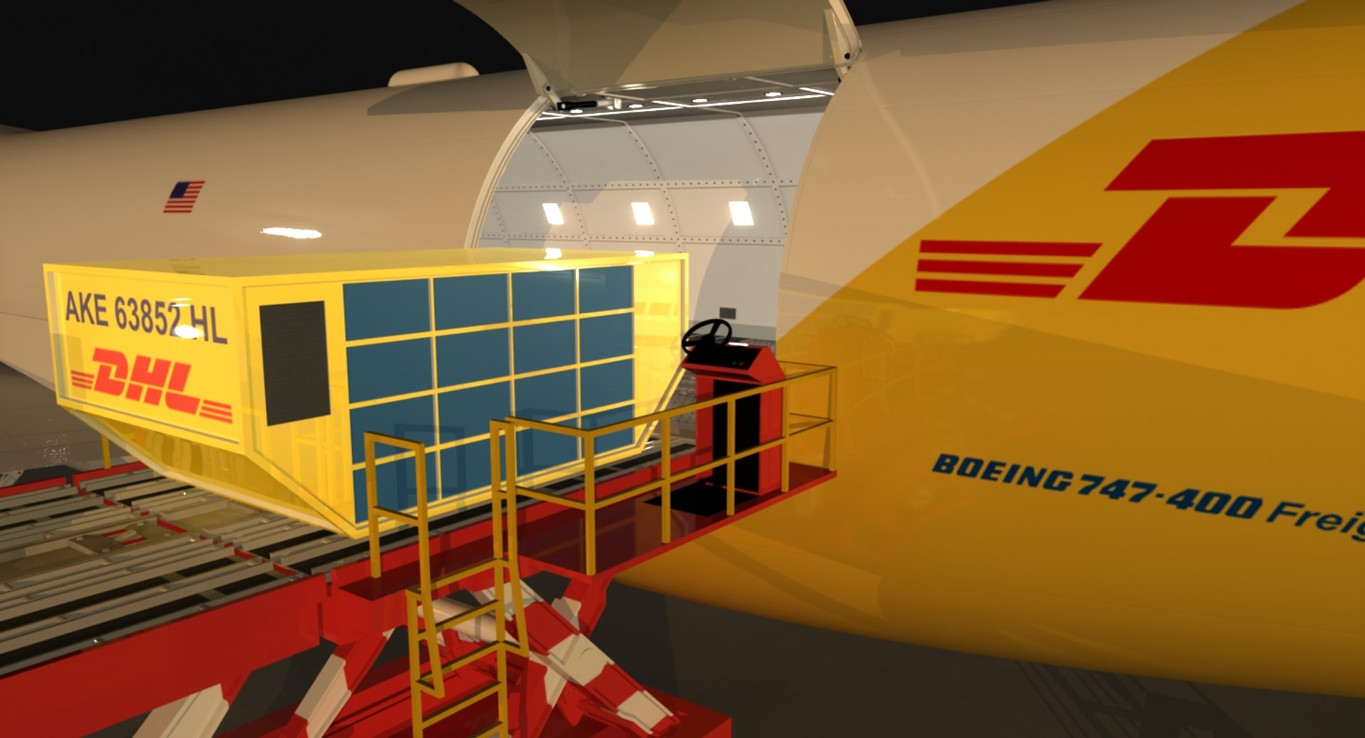 3d model of scene loading operation boeing 747-400