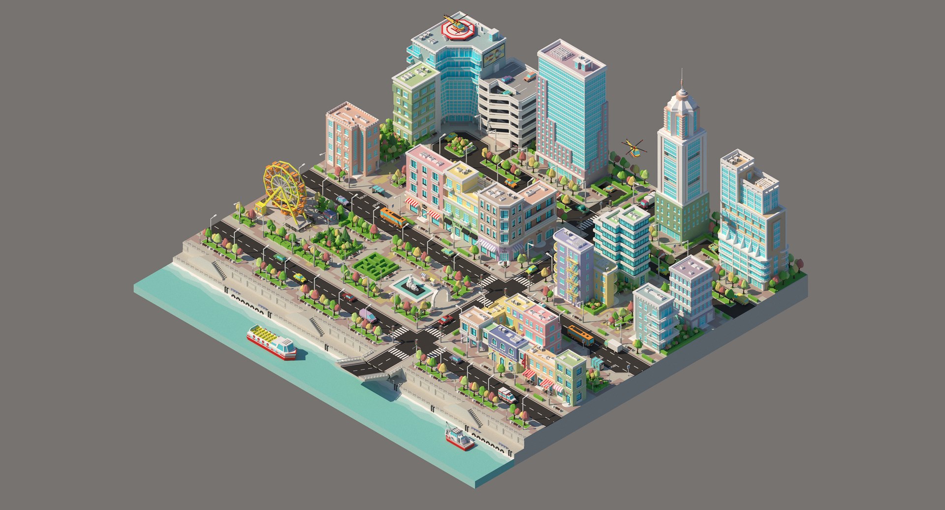 3d City River Buildings Architectural Model