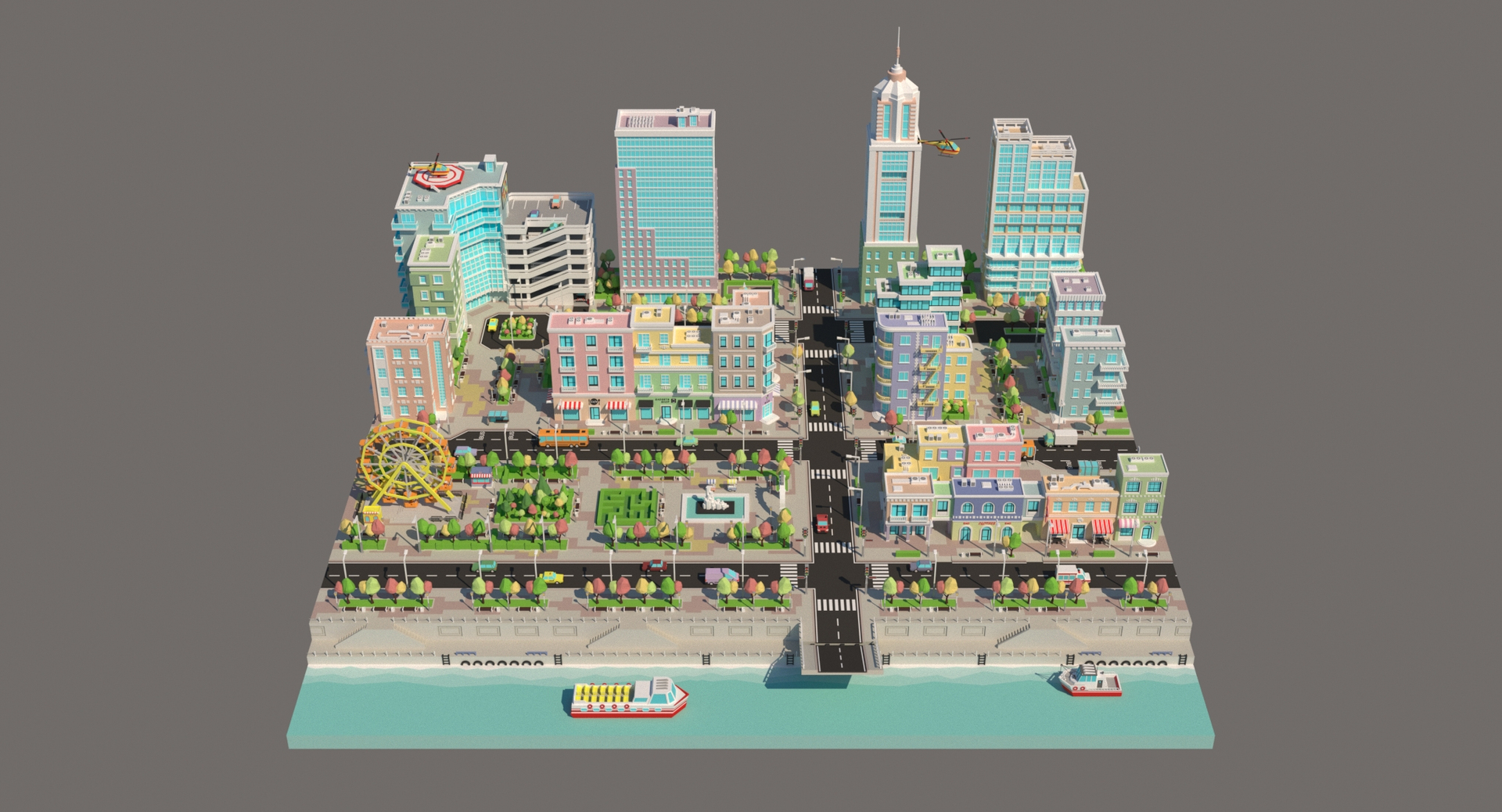 3d City River Buildings Architectural Model