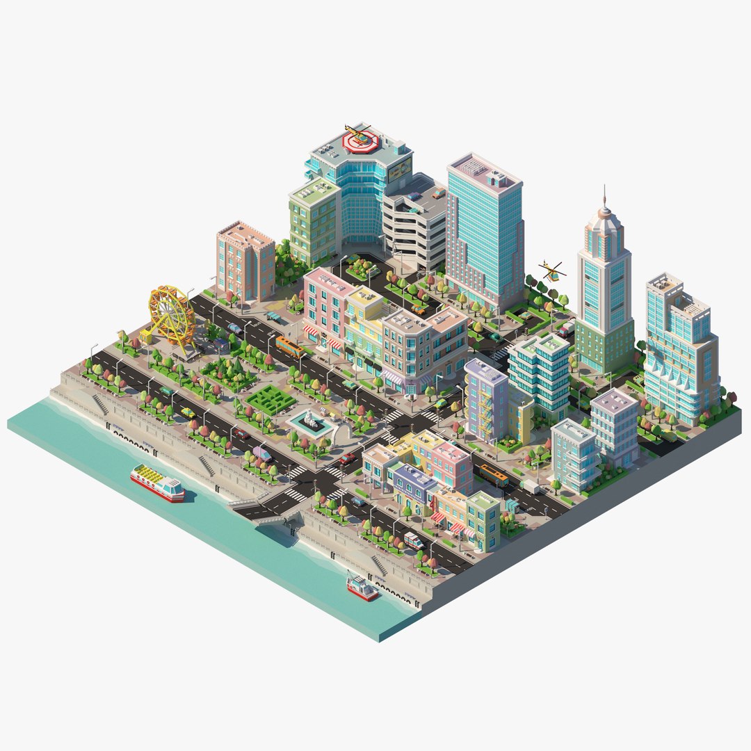 3d City River Buildings Architectural Model