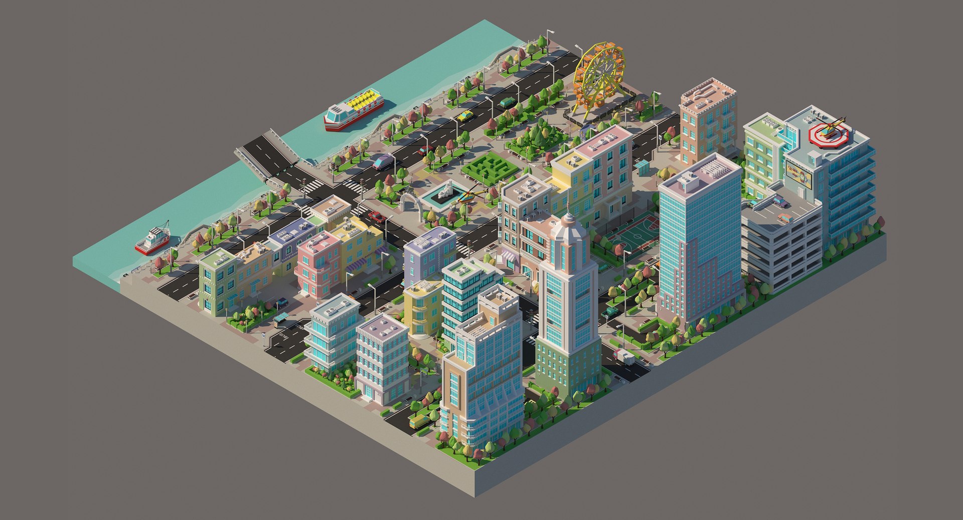 3d City River Buildings Architectural Model