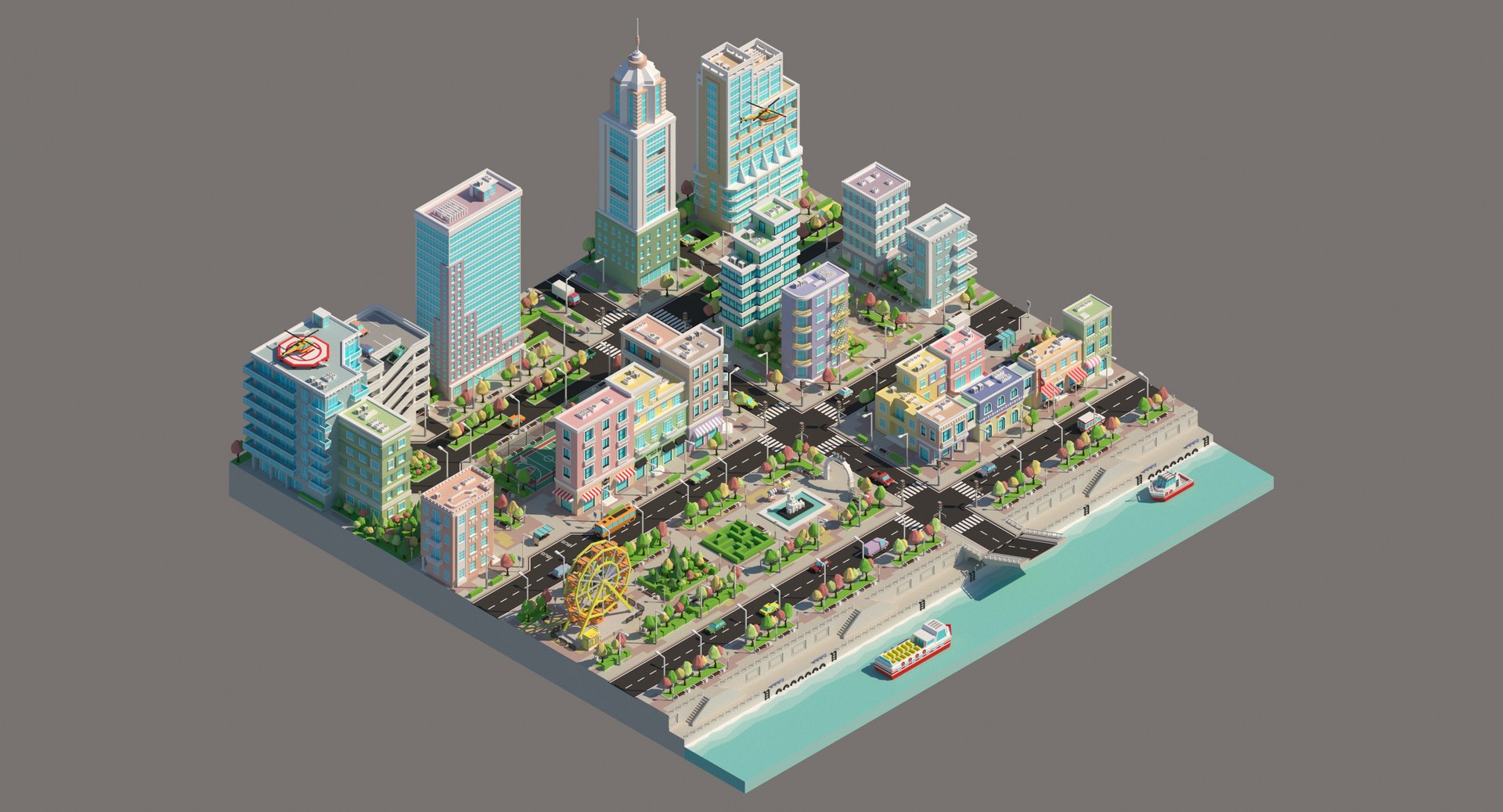 3d City River Buildings Architectural Model