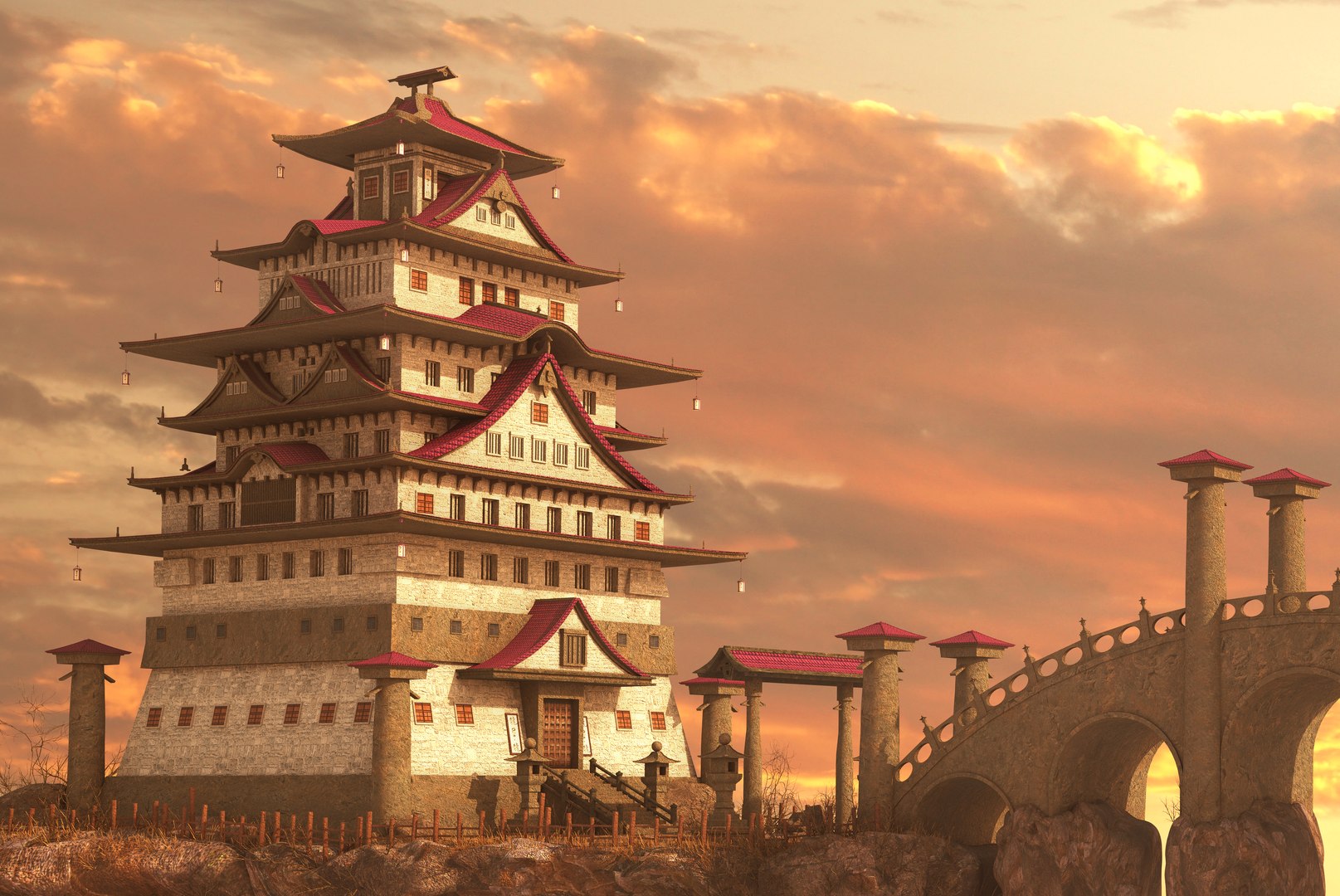 3D Fantasy Japan Castle Bridge Model - TurboSquid 1728990