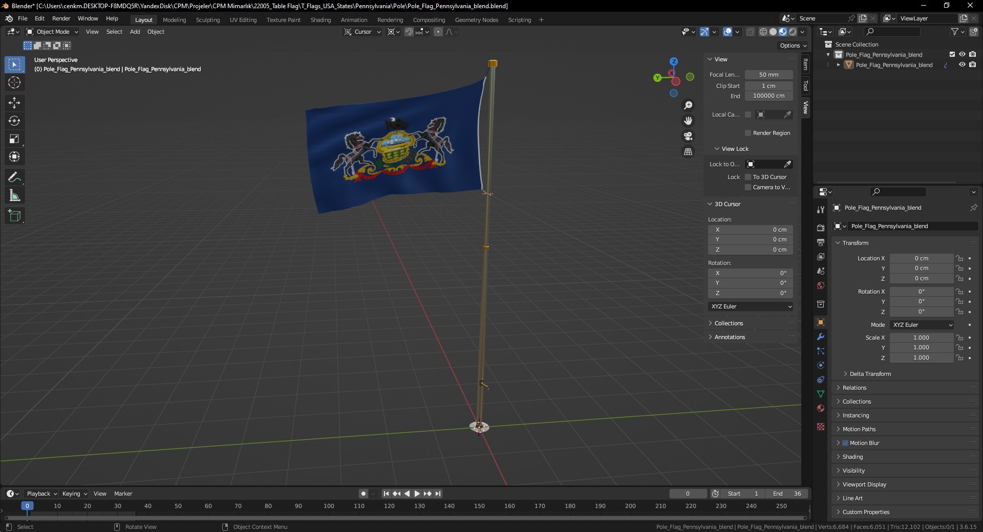 3D Pole Flag Pennsylvania Model - TurboSquid 2283156