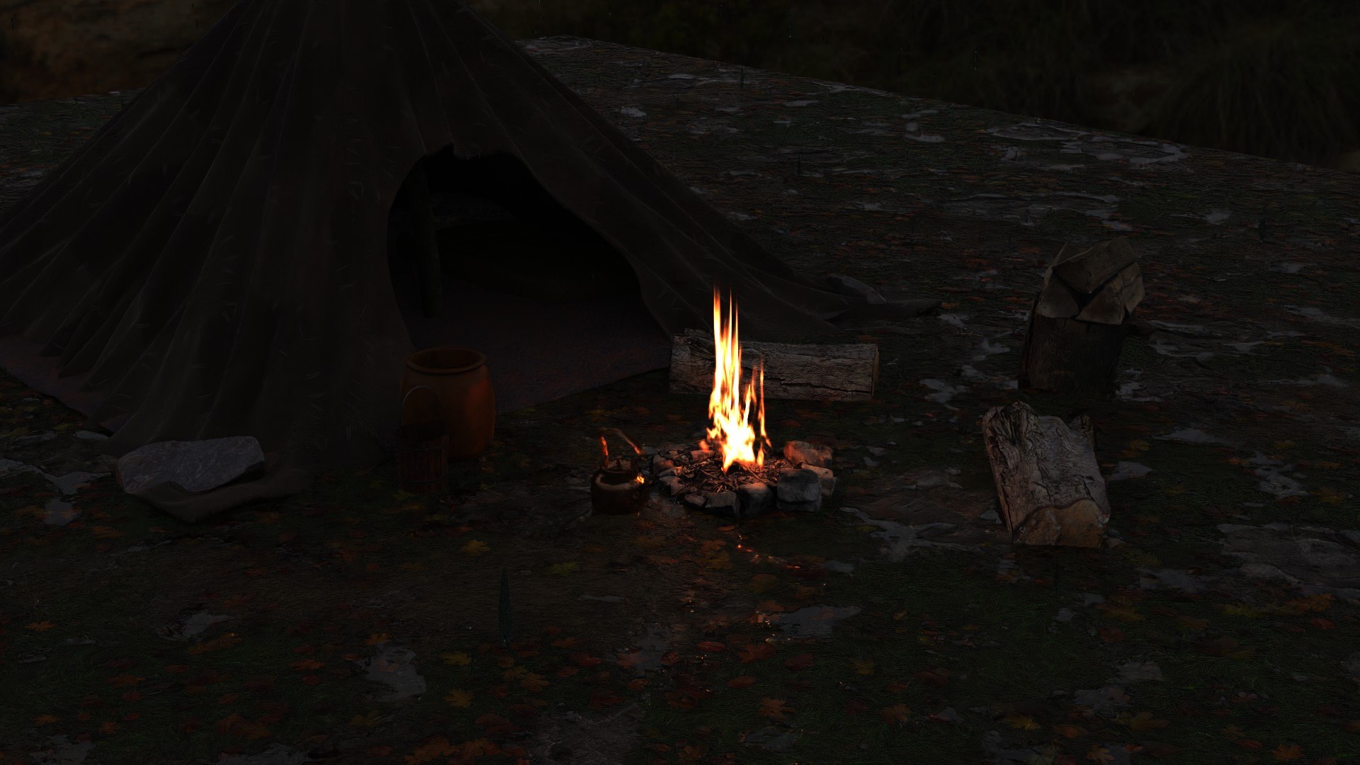 Cozy Leather Tent With Campfire Amidst Majestic Mountains Model ...
