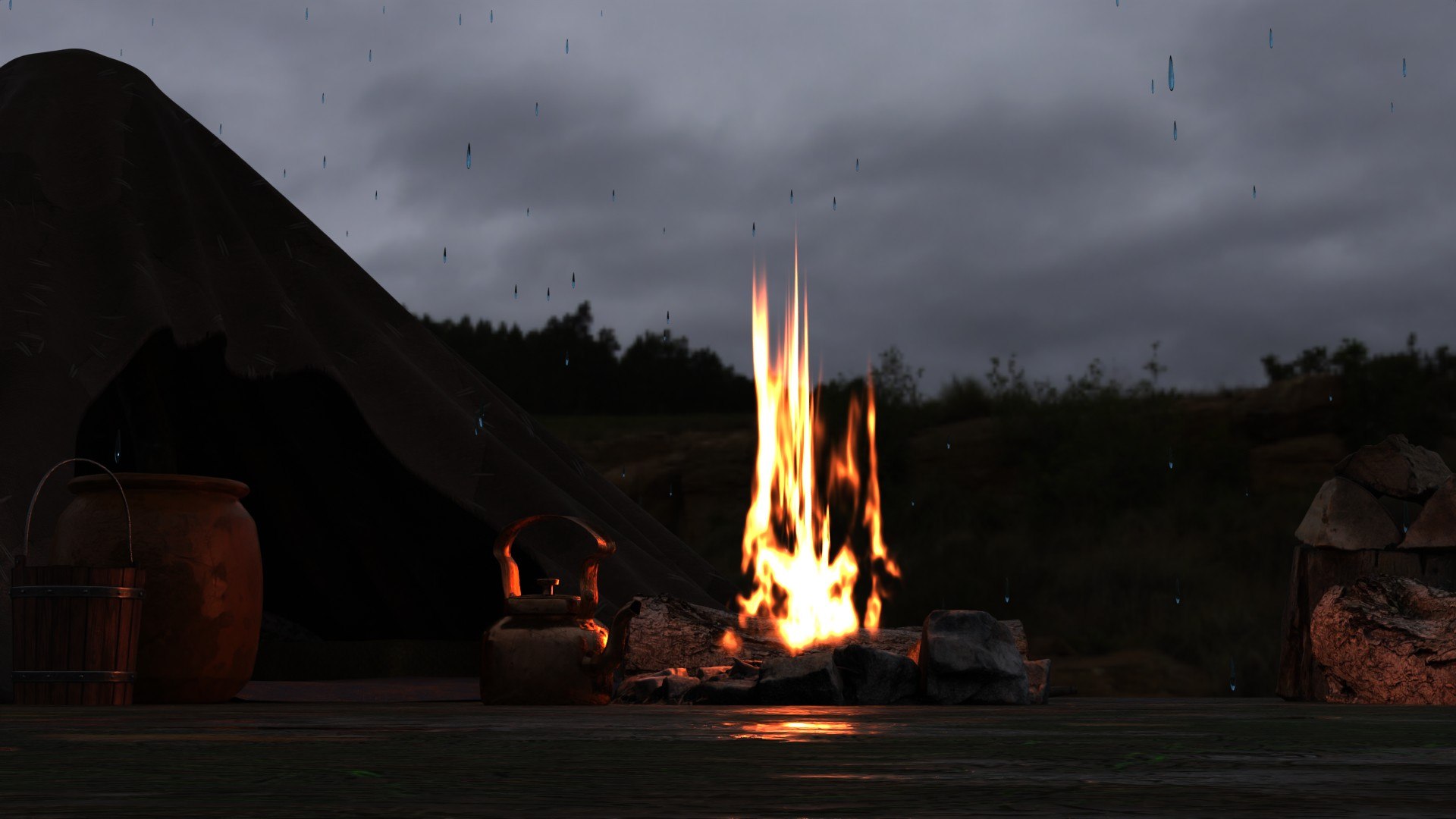 Cozy Leather Tent With Campfire Amidst Majestic Mountains Model ...