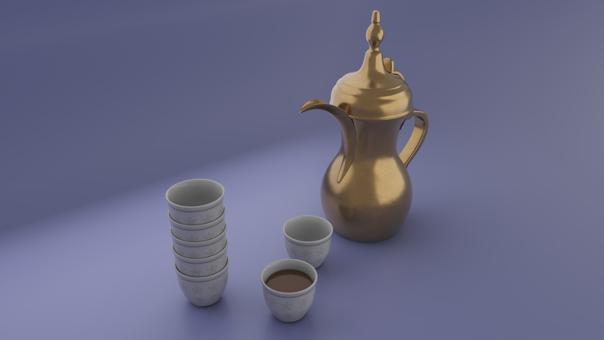 Dallah Golden Arabic Coffee Pot And Finjan Cups 3D Model - TurboSquid ...