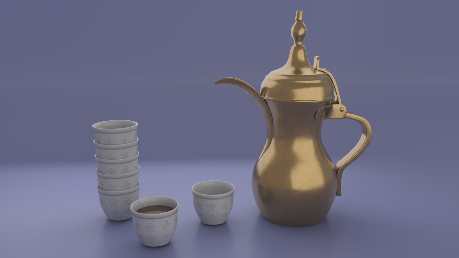 Dallah Golden Arabic Coffee Pot And Finjan Cups 3D Model - TurboSquid ...