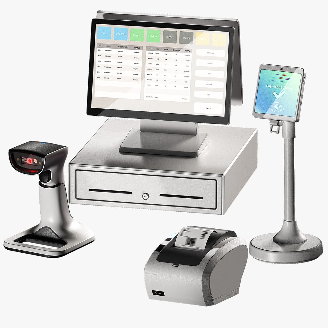 POS Cash Register Barcode Scanner Receipt Printer Payment Terminal 3D ...