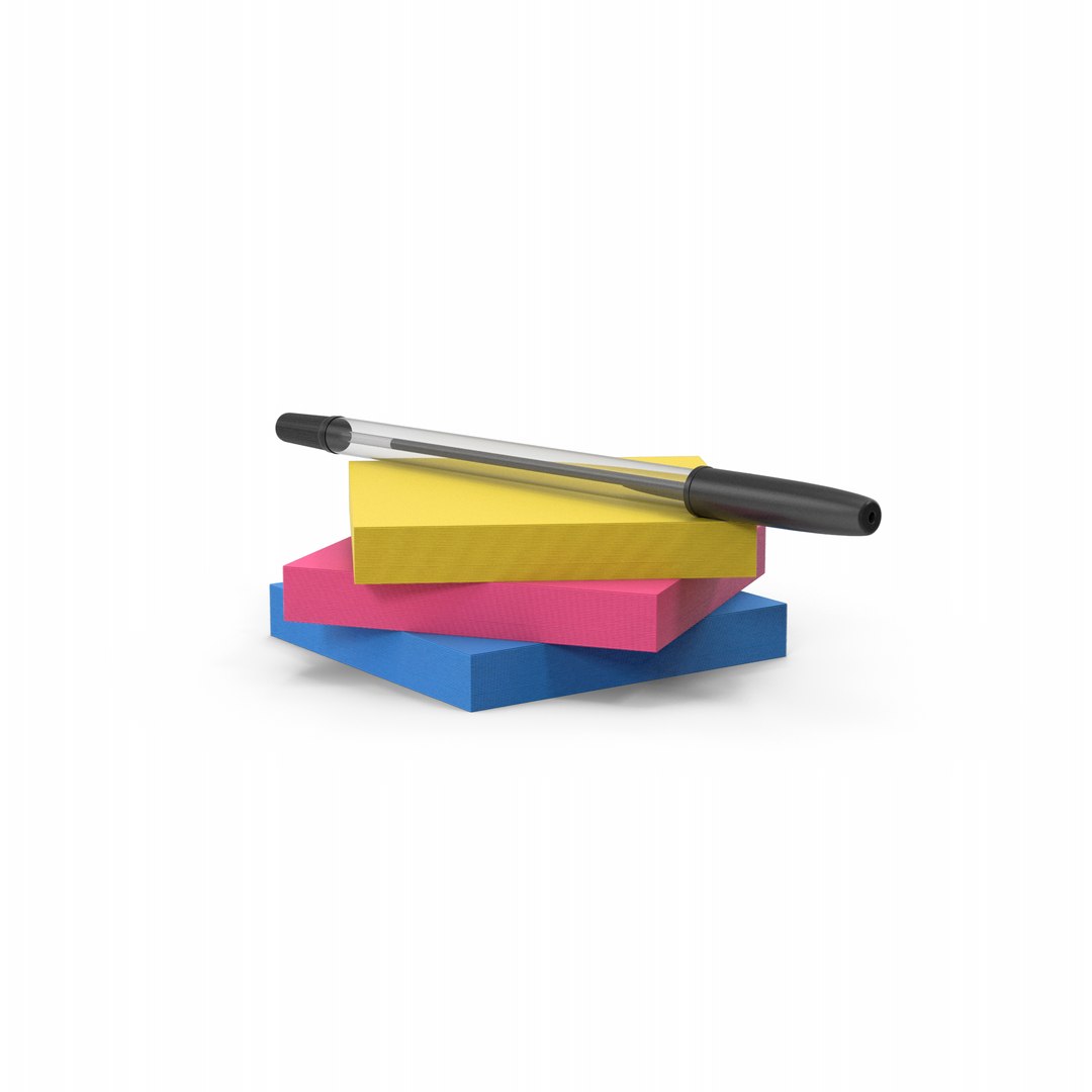 3D Sticky Notes Stack With Ballpoint Pen Model - TurboSquid 1840002