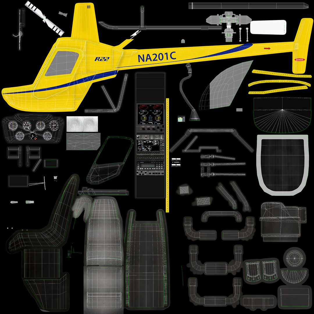 3d robinson r22 helicopter interior