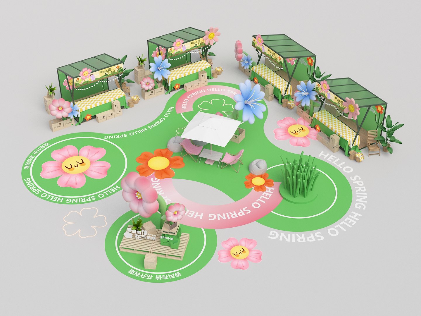 3D Modern Spring And Summer Market Stall Layout Spring Warm Flowers ...