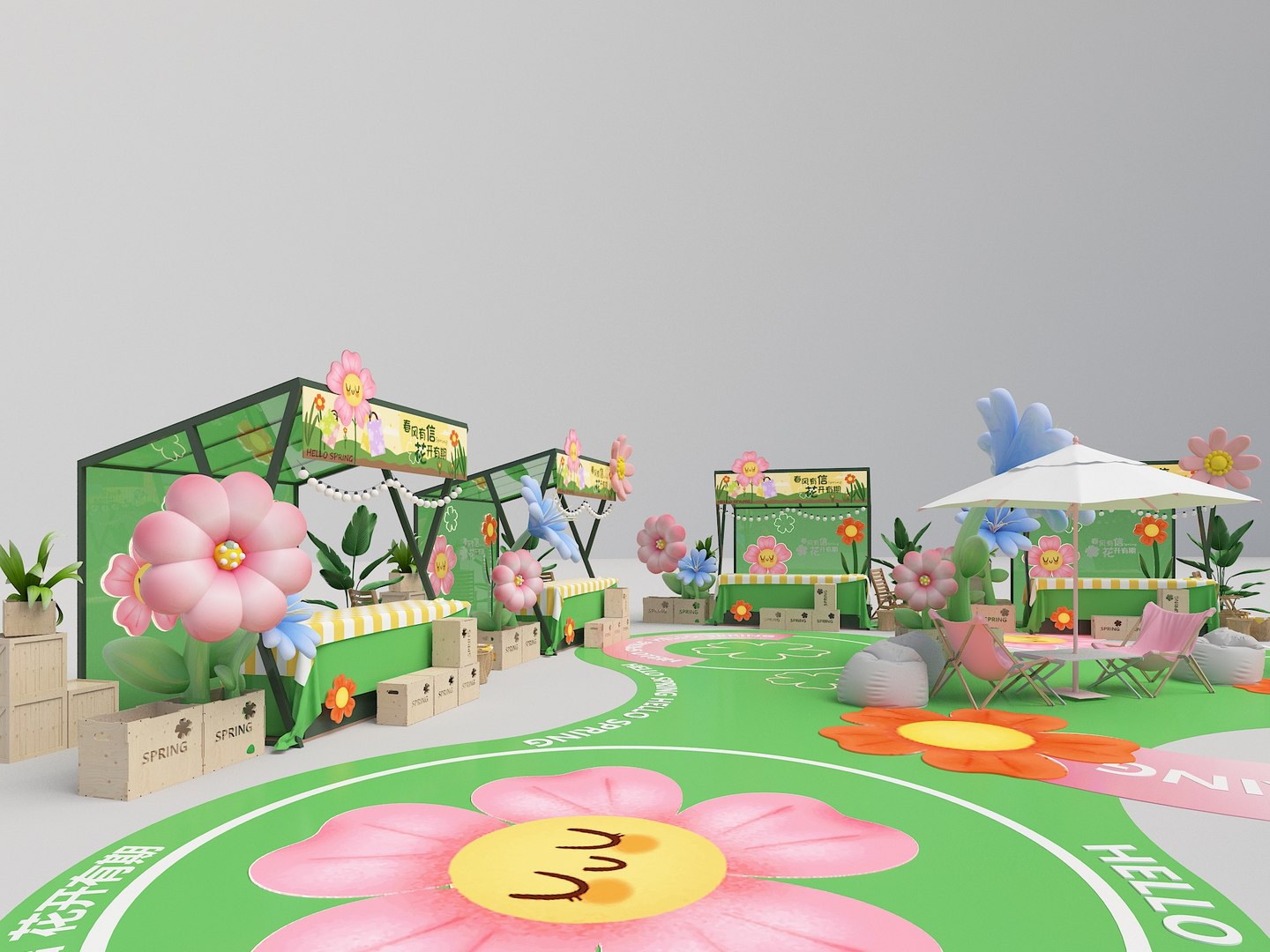 3D Modern Spring And Summer Market Stall Layout Spring Warm Flowers ...