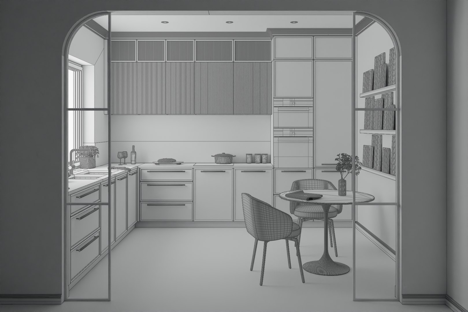 3D Modern L-shape Kitchen Grey And Wood With Dining Table And Chair ...