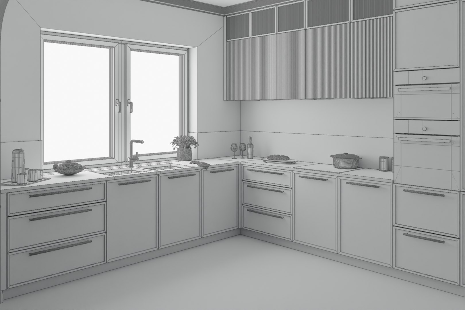 3D Modern L-shape Kitchen Grey And Wood With Dining Table And Chair ...