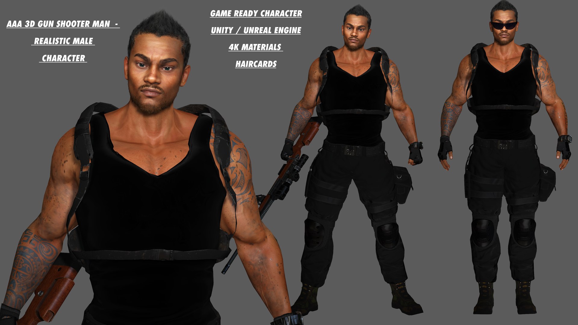 3D AAA 3D REALISTIC BLACK MALE CHARACTER - GUN SHOOTER MAN Model ...