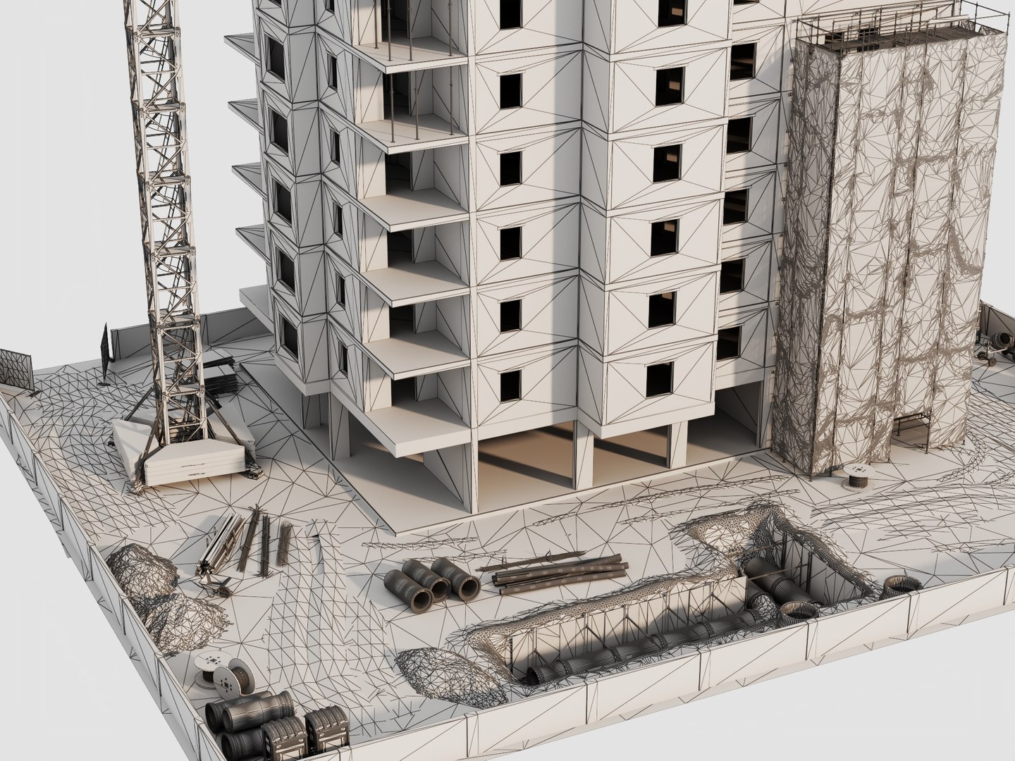 3D Model Mid Rise Construction Tower Crane Brick Building 3D Model ...