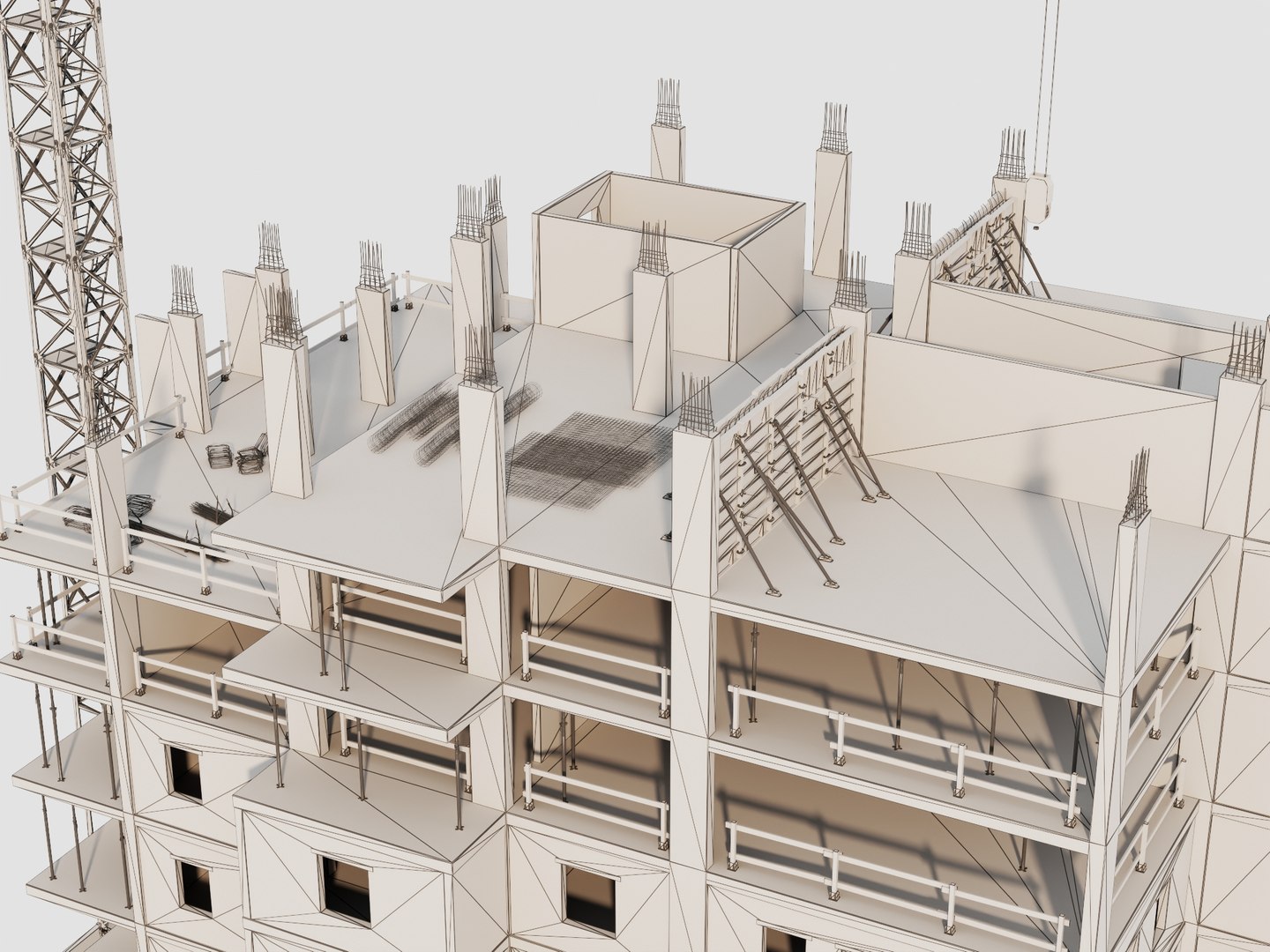 3D Model Mid Rise Construction Tower Crane Brick Building 3D Model ...