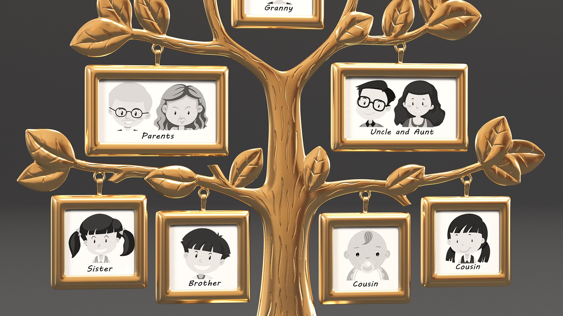 3D Golden Family Tree And Hanging Photo Frames - TurboSquid 1969596