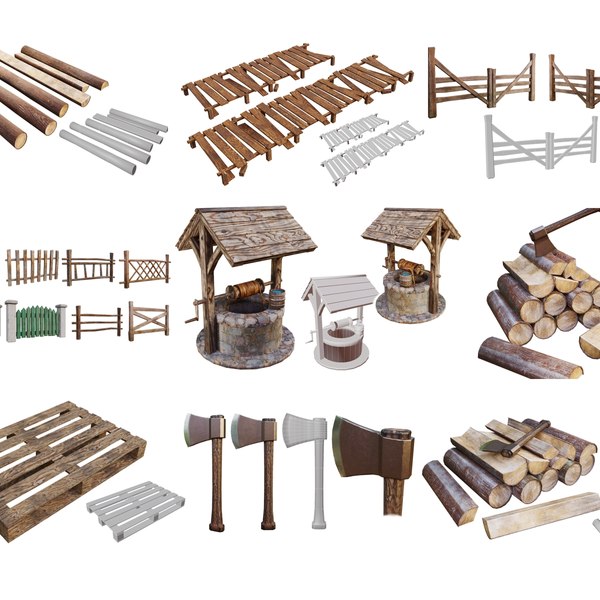 PBR Farm Wooden Props Medieval Props pack GameReady Modelo 3D ...