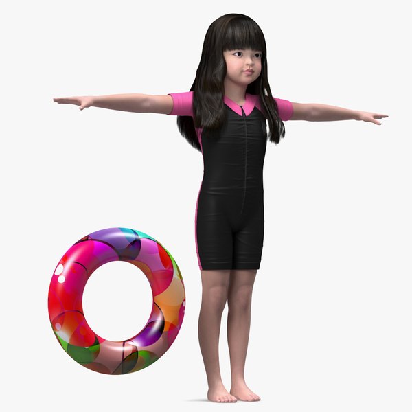 Asian Girl in Beach Suit with Inflatable Circle Rigged for Cinema 4D 3D ...