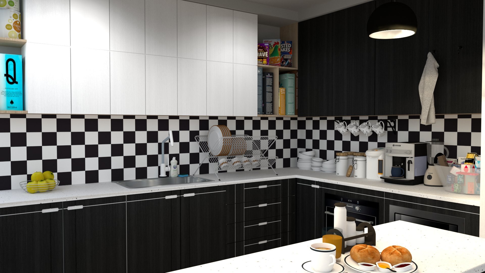 3D Modern Black White Kitchen 3D Model With Island Model - TurboSquid ...
