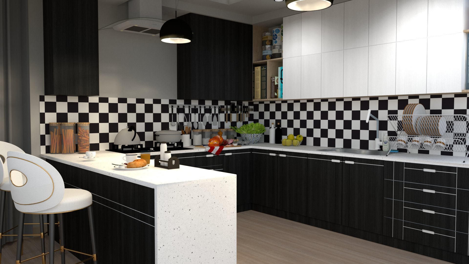 3D Modern Black White Kitchen 3D Model With Island Model - TurboSquid ...