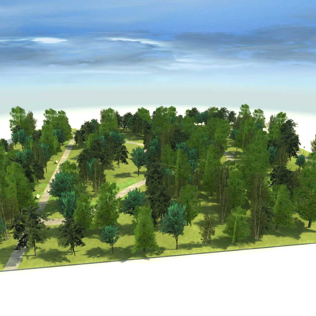 3d Model Park Scene Block Trees