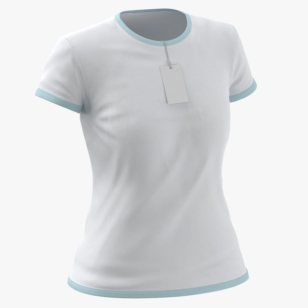 3D Female Crew Neck Worn With Tag White and Blue 01 - TurboSquid 1738434