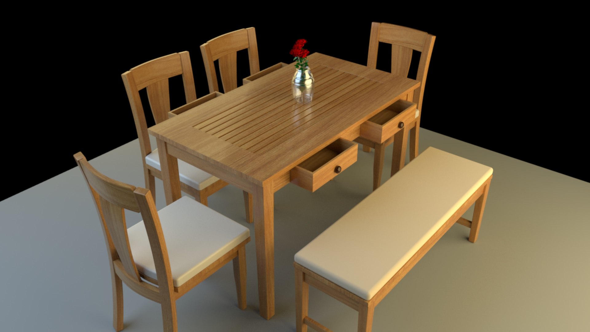 3D Model Table Chairs Cushion Bench Flowervase - TurboSquid 1924684