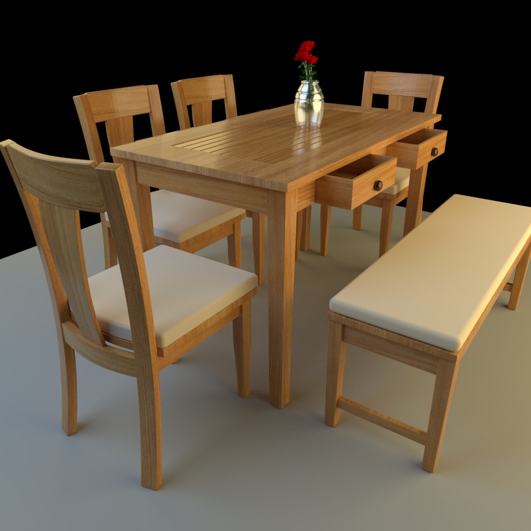 3D Model Table Chairs Cushion Bench Flowervase - TurboSquid 1924684