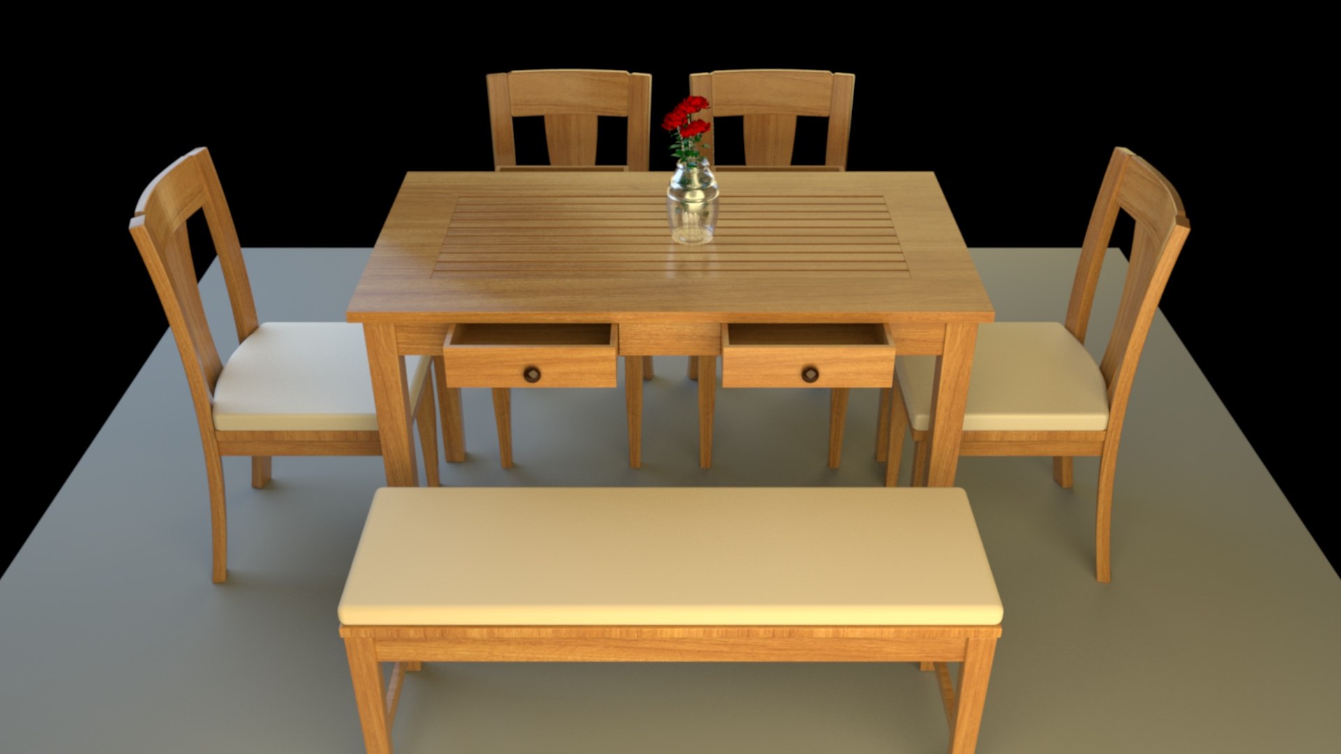 3D Model Table Chairs Cushion Bench Flowervase - TurboSquid 1924684