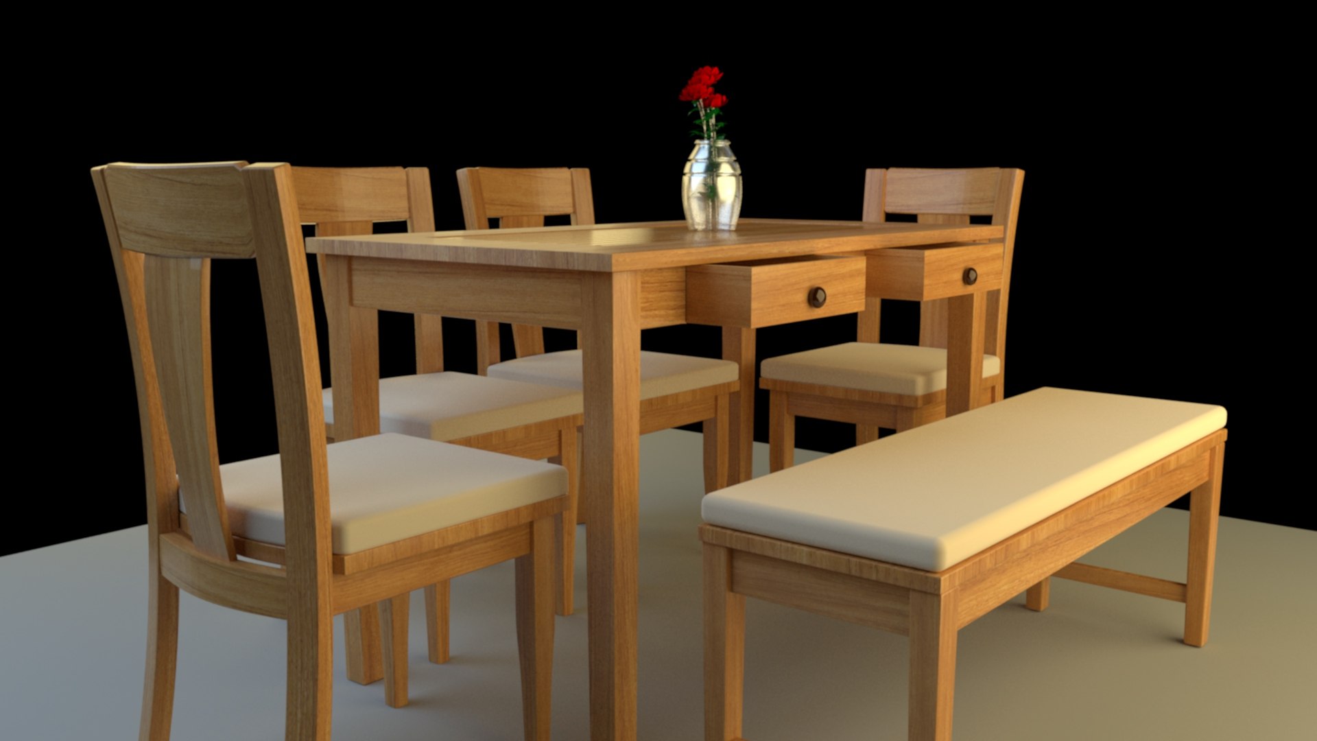 3D Model Table Chairs Cushion Bench Flowervase - TurboSquid 1924684