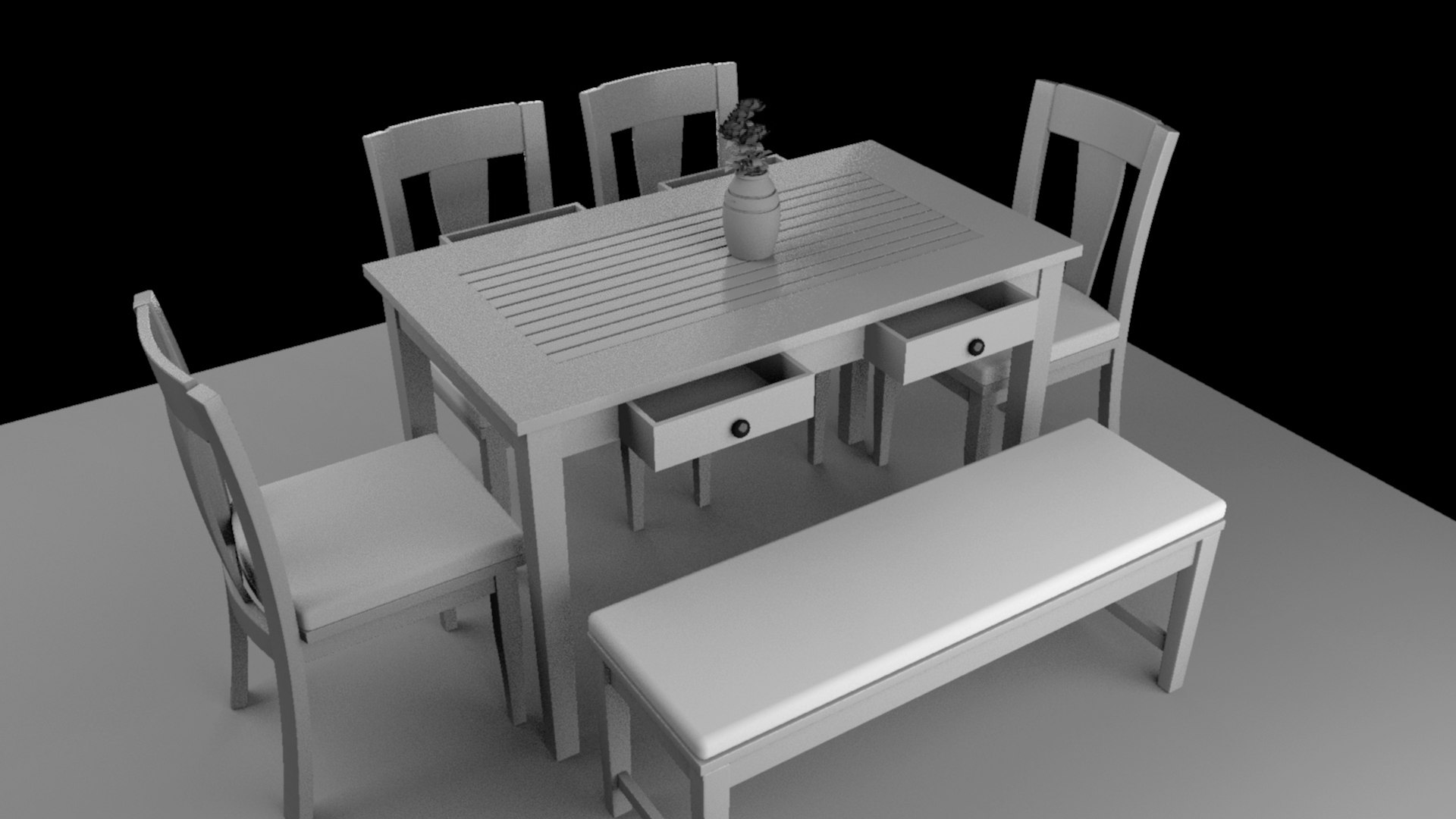 3D Model Table Chairs Cushion Bench Flowervase - TurboSquid 1924684