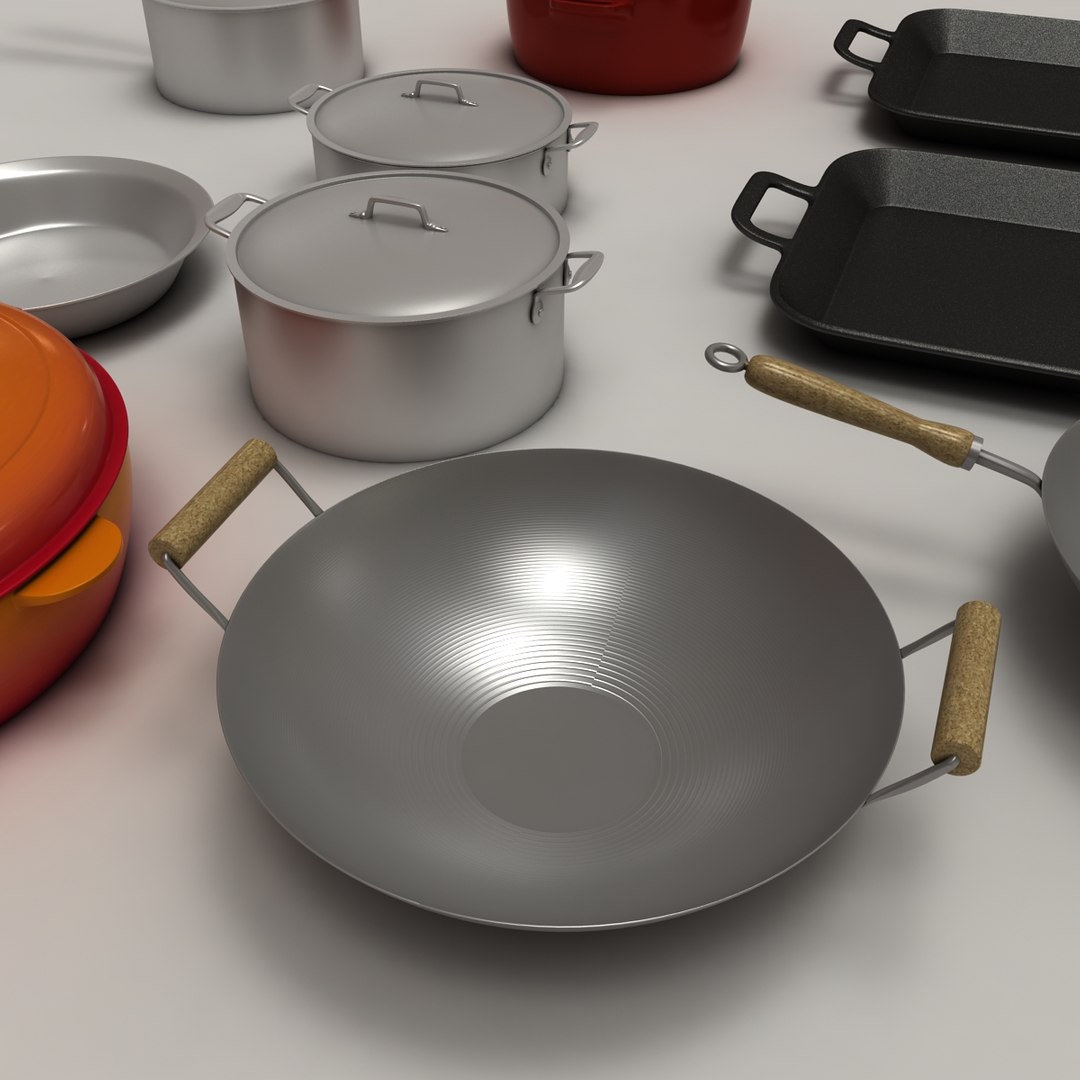 3d set pans pots model