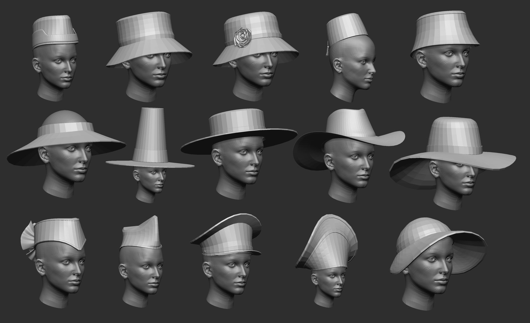 3D 60 Low-poly Hat And Headwear Base Mesh Shapes IMM Shapes Zbrush Set ...