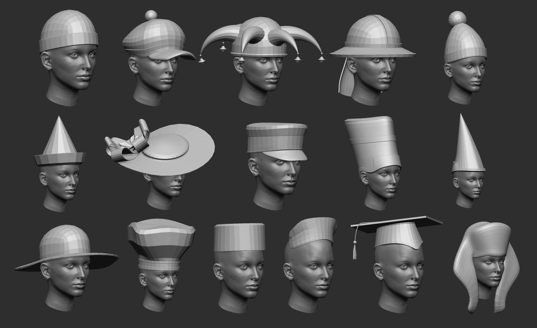 3D 60 Low-poly Hat And Headwear Base Mesh Shapes IMM Shapes Zbrush Set And Fbx Obj Files ...
