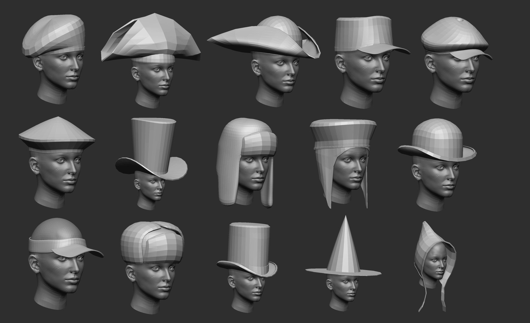 3D 60 Low-poly Hat And Headwear Base Mesh Shapes IMM Shapes Zbrush Set ...