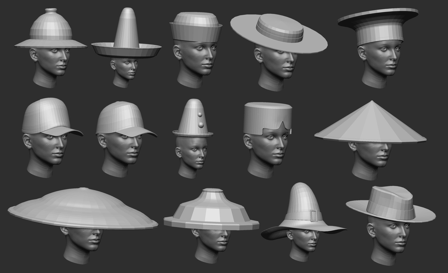 3D 60 Low-poly Hat And Headwear Base Mesh Shapes IMM Shapes Zbrush Set ...