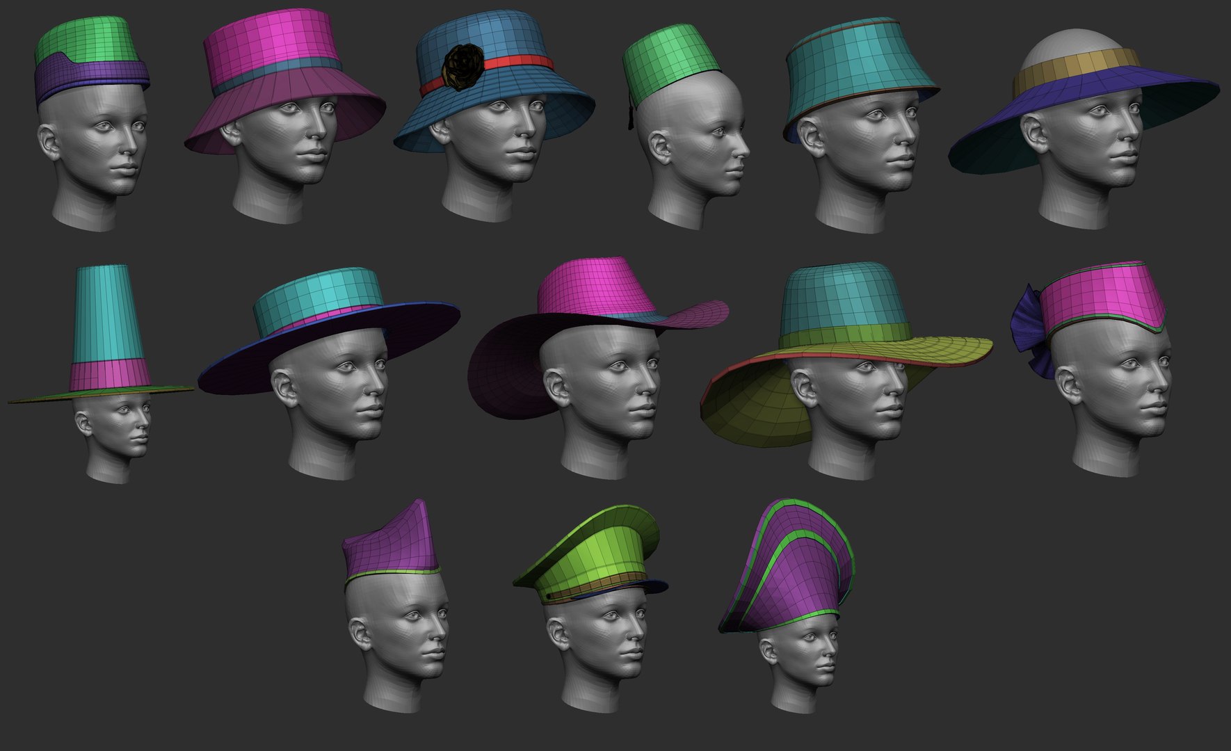 3D 60 Low-poly Hat And Headwear Base Mesh Shapes IMM Shapes Zbrush Set ...