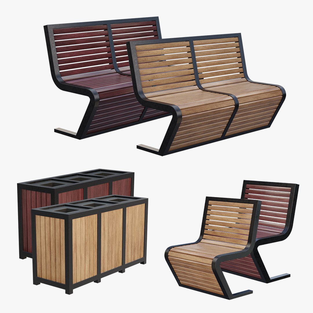 3D Set Of Benches With Recycling Bins Model - TurboSquid 1872088
