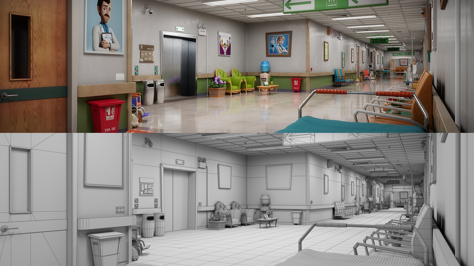 3D Model Cartoon Hospital Ward Corridor - TurboSquid 2259873