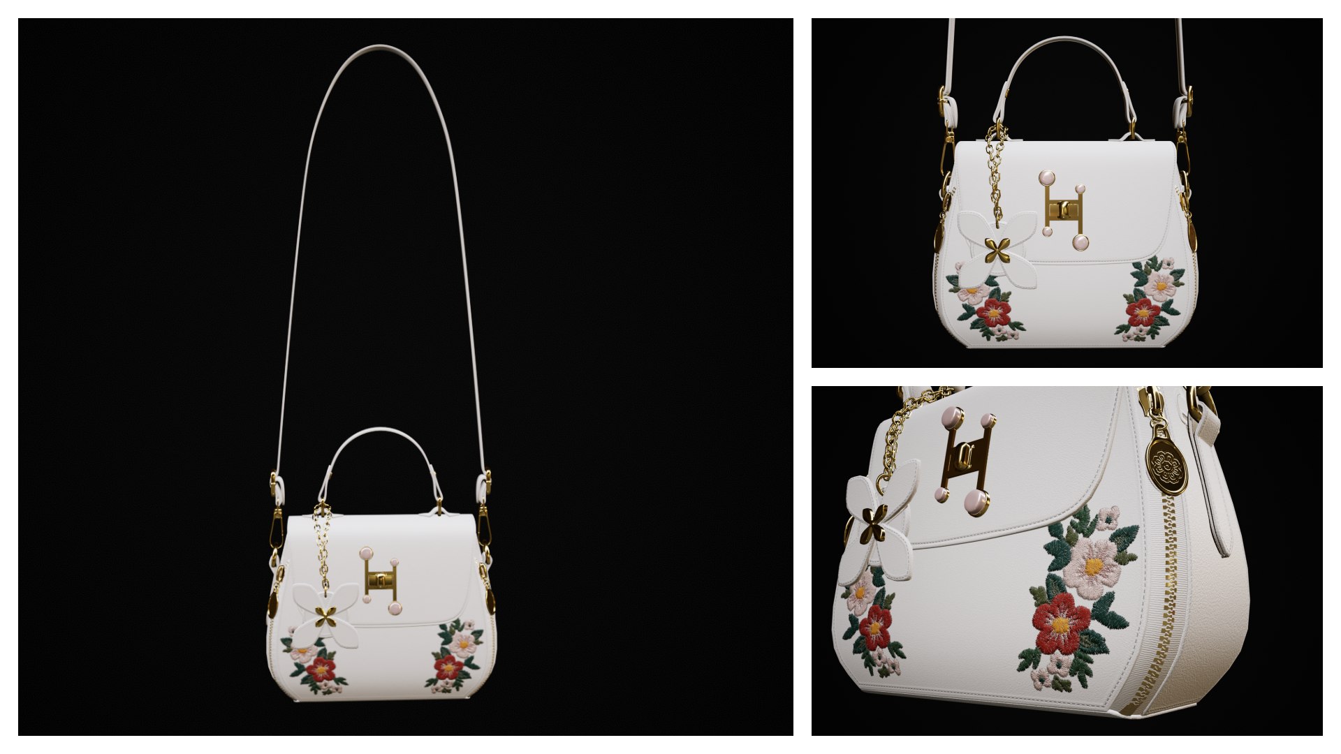 3D Flower White Handbag With Flower Embroidery Model - TurboSquid 1907521