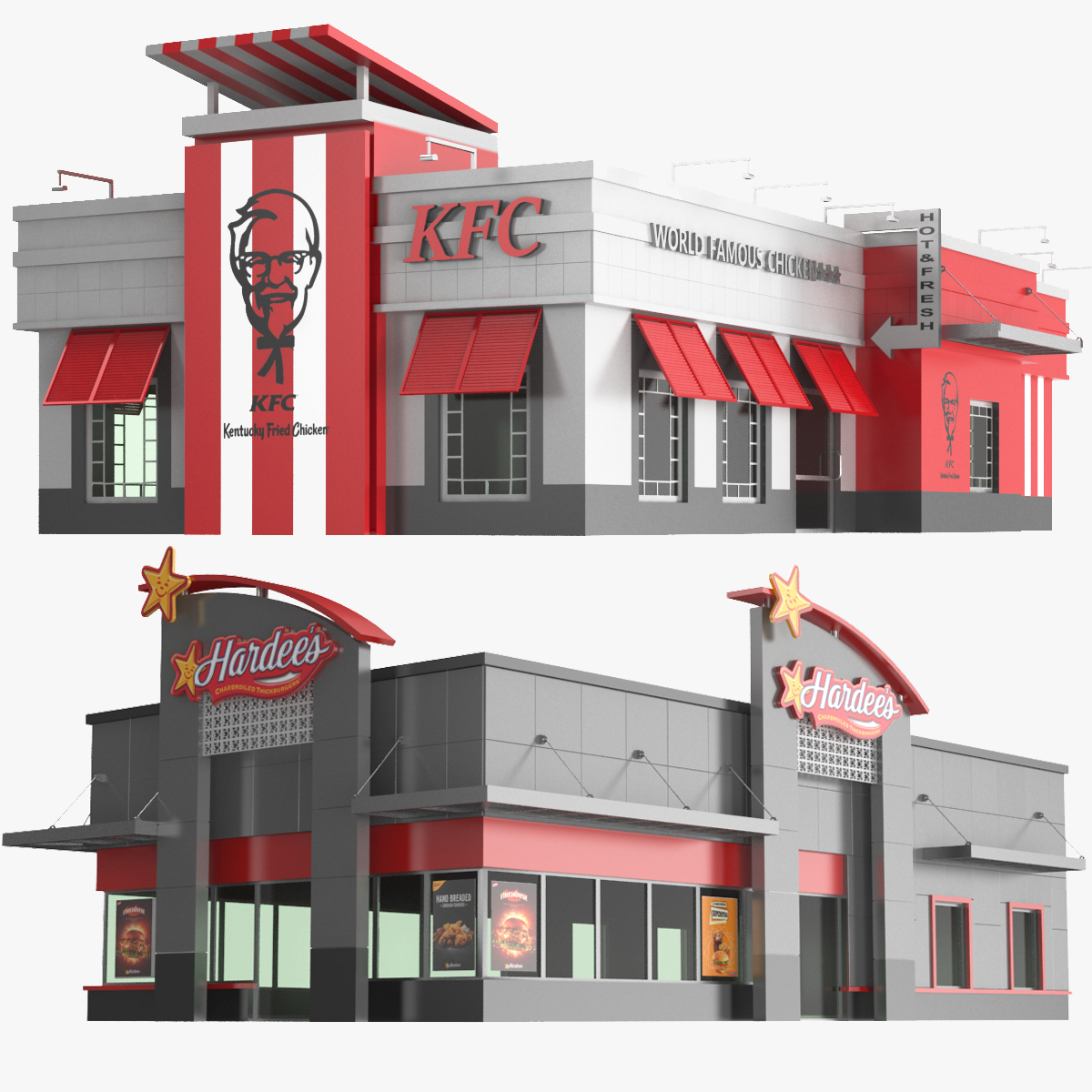 modelo 3d Dos edificios detallados de restaurantes de comida rápida ...