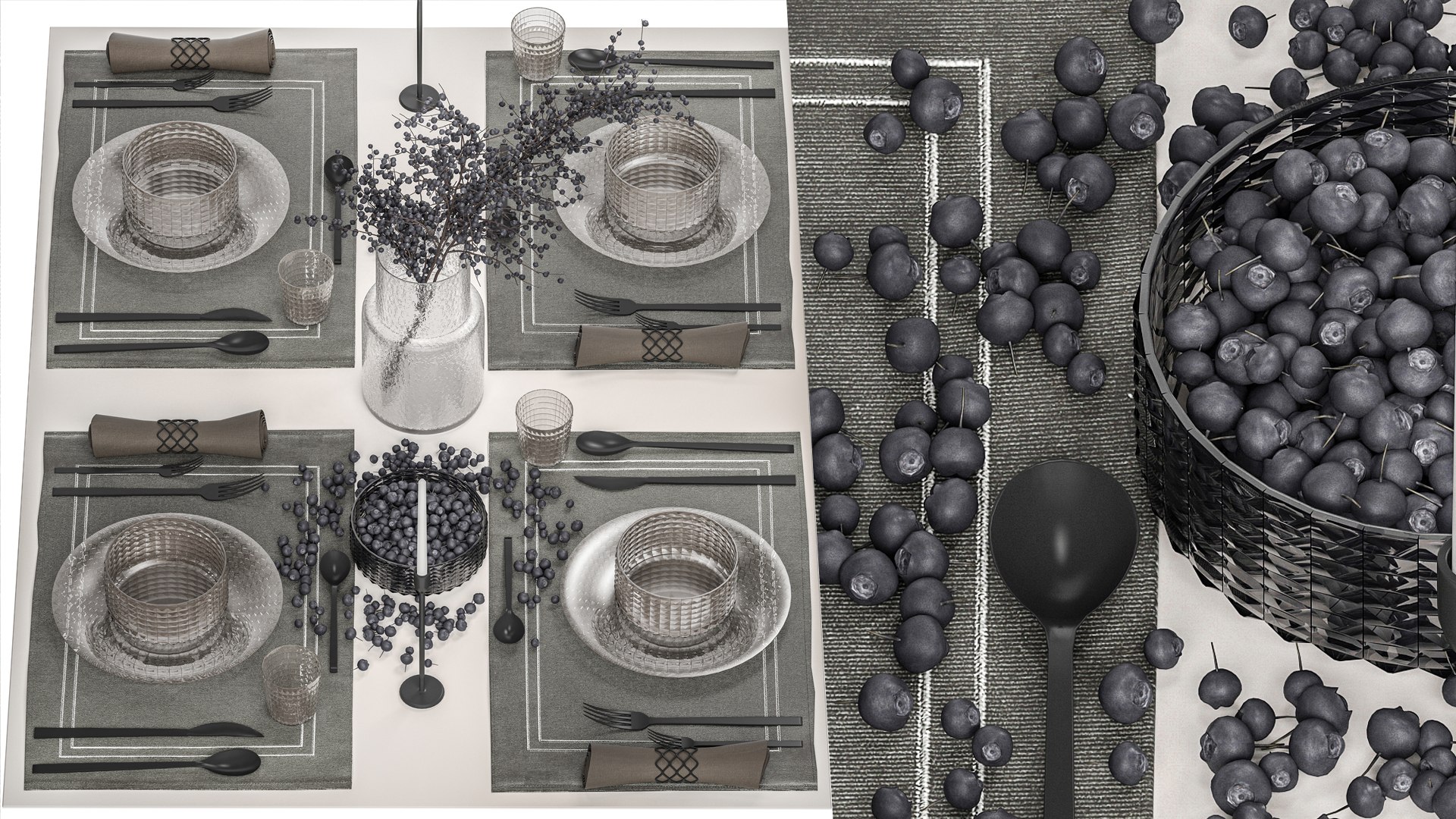 Table Setting With A Bouquet Of Blueberry Branches 3D Model ...