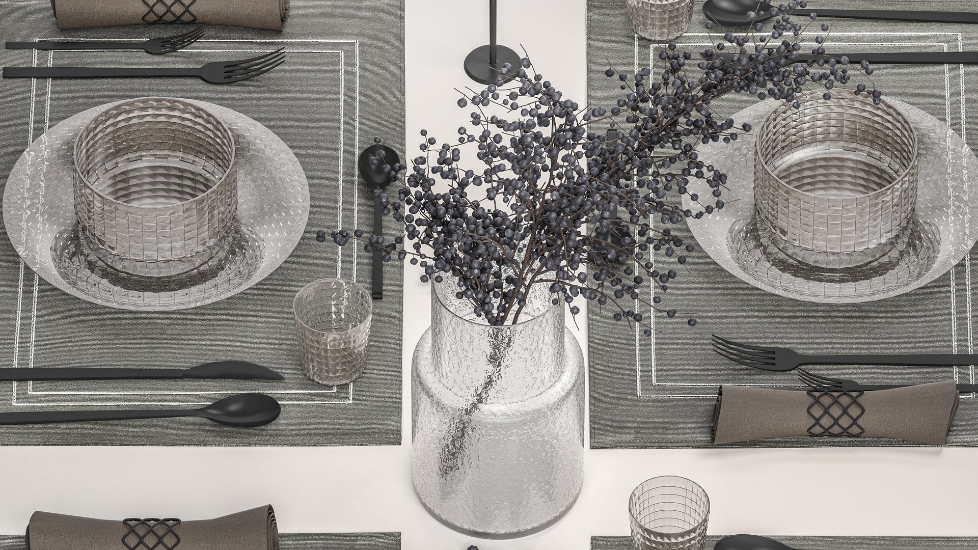 Table Setting With A Bouquet Of Blueberry Branches 3D Model ...