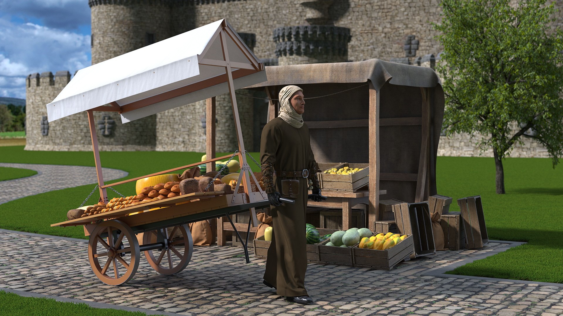 3D Medieval Trader With Cart Model - TurboSquid 2256093