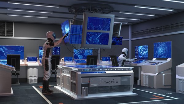 modelo 3d Sala de mando de ciencia ficción con operadores azul ...