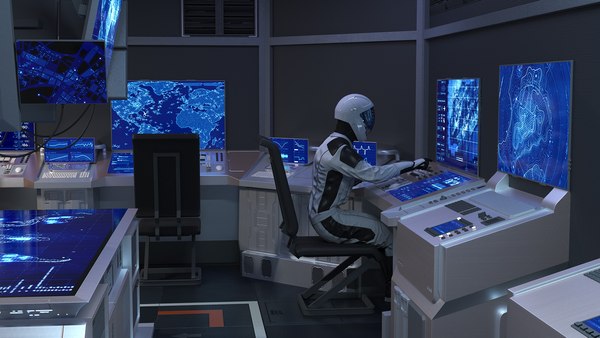 modelo 3d Sala de mando de ciencia ficción con operadores azul ...
