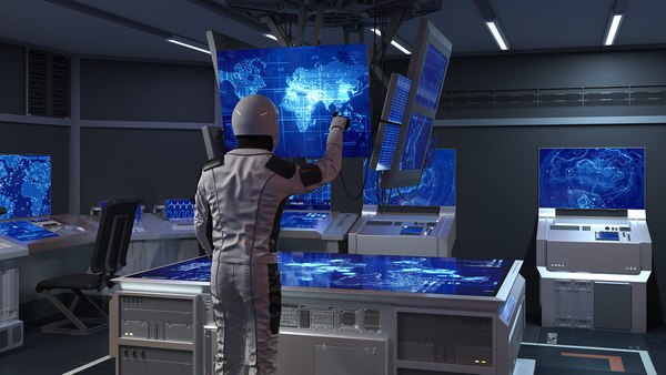 modelo 3d Sala de mando de ciencia ficción con operadores azul ...